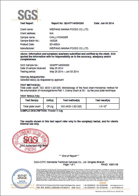 Chili powder SGS inspection report - Manna Foods